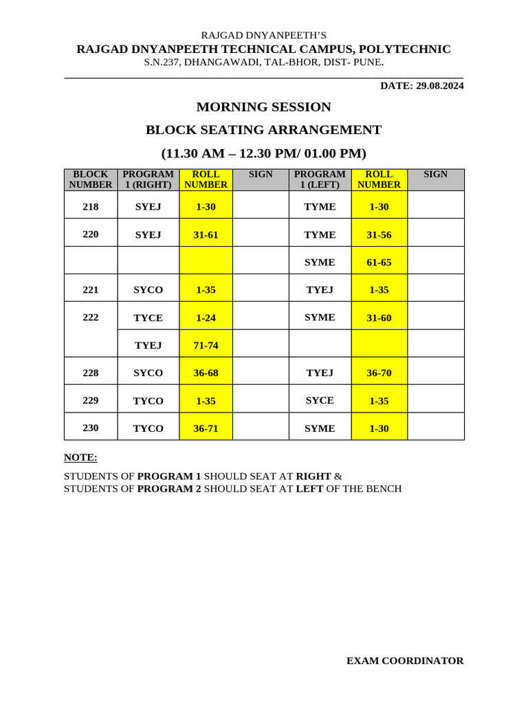Block Seating Arrangement 29.08.2024 | PDF