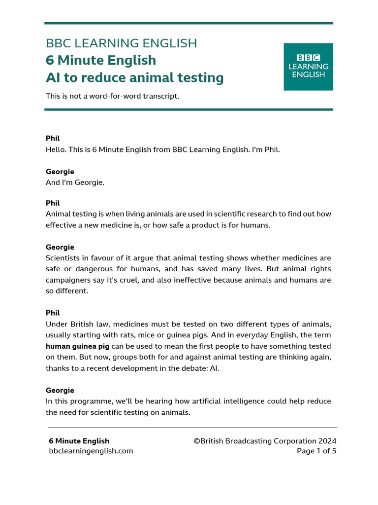 6 Minute English AI and Animal Testing | PDF