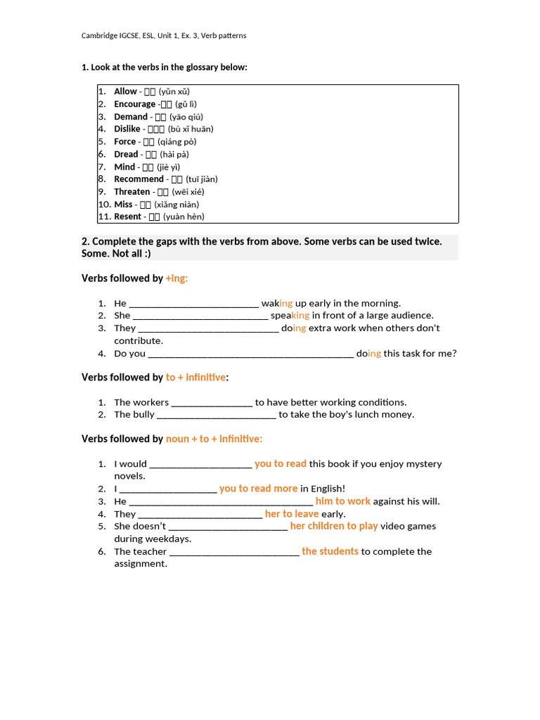 Verb Patterns, Igcse Esl, Unit 1, Differentiated Task | PDF