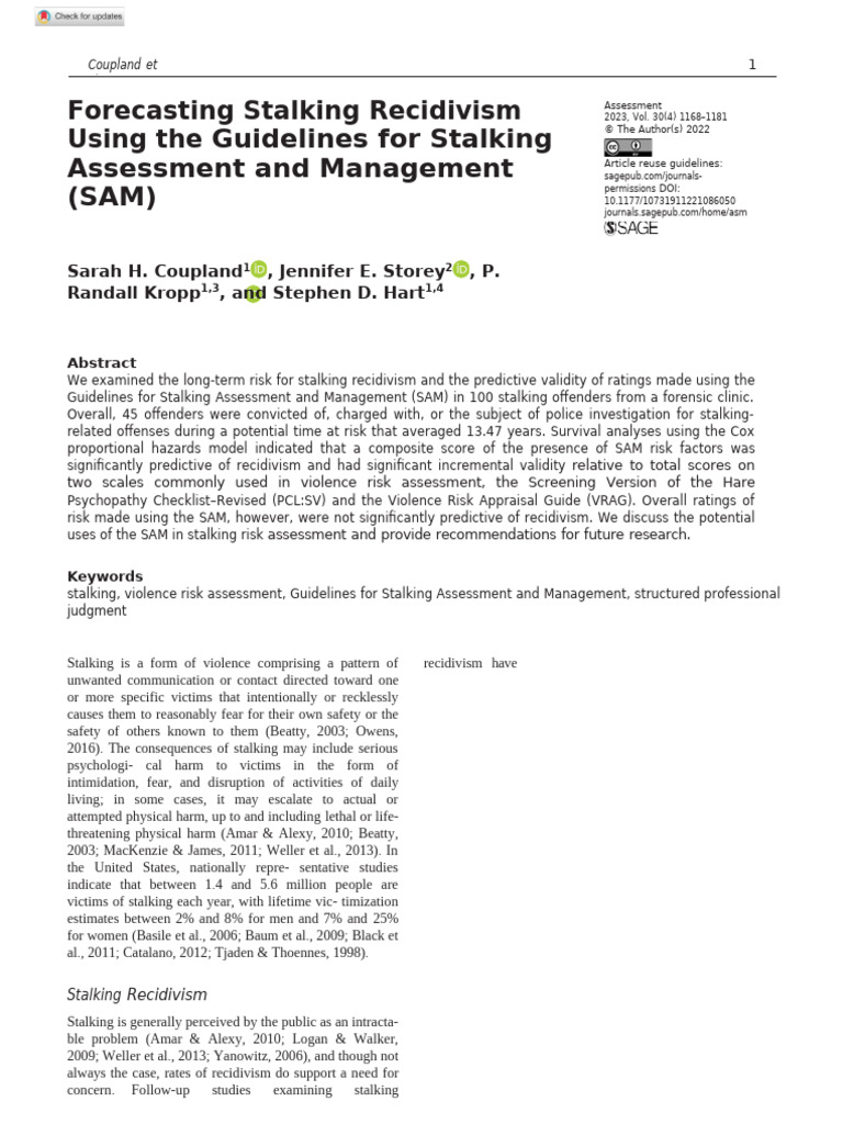 Coupland Et Al 2022 Forecasting Stalking Recidivism Using The ...