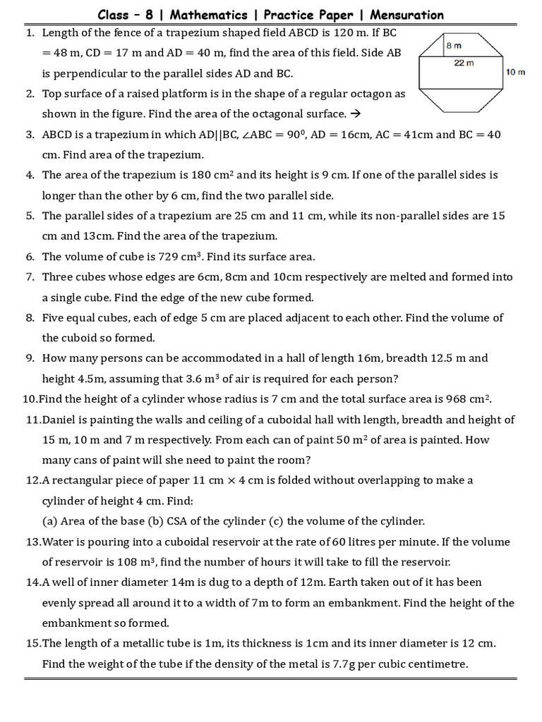 8 Maths Practice Paper Mensuration | PDF