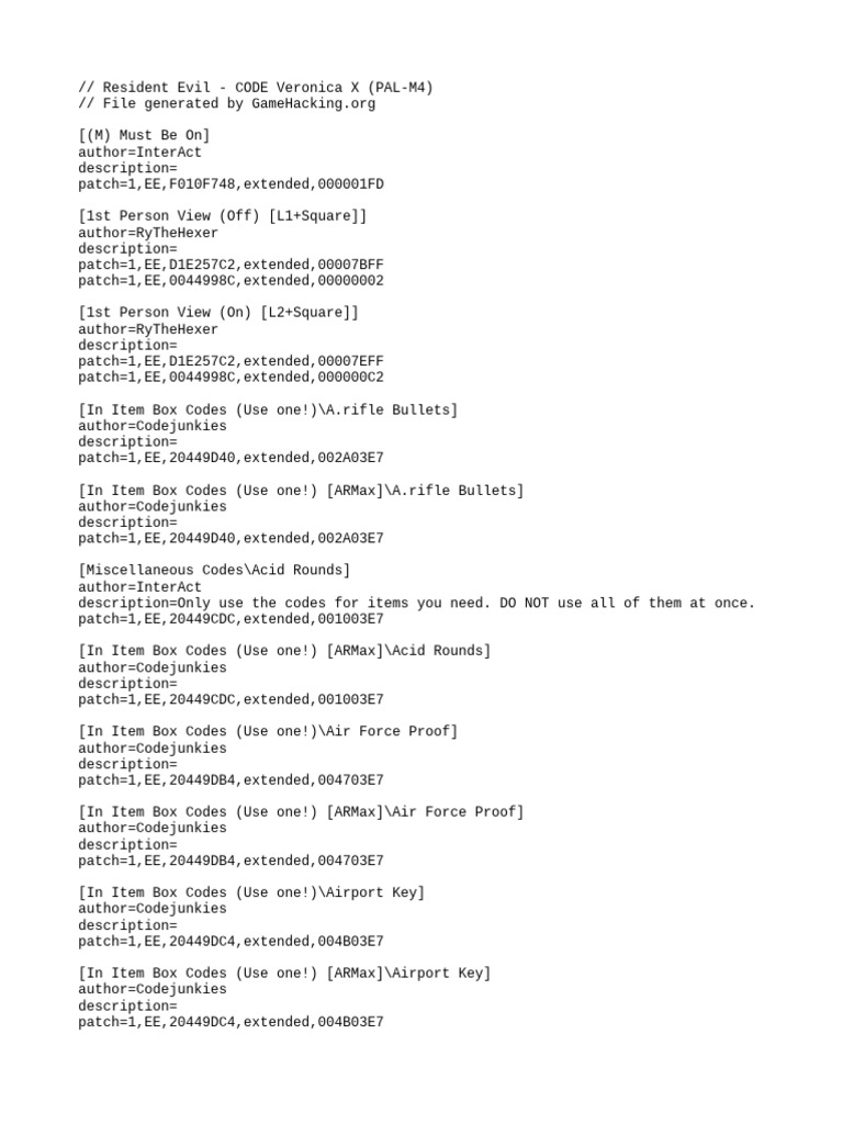 Resident Evil - CODE Veronica X (PAL-M4) .Pnach | PDF