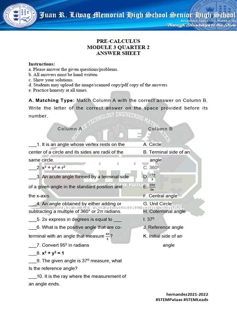 Pre Calculus Module 3 Q2 Answer Sheet Pdf