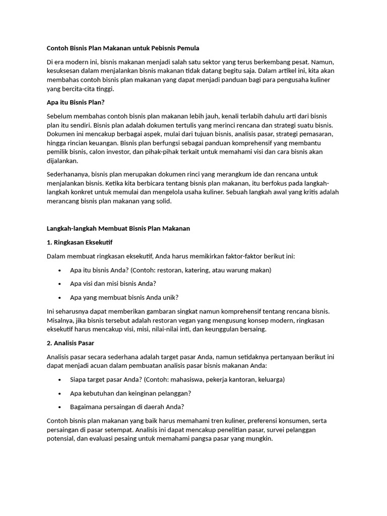 Contoh Bisnis Plan Makanan Untuk Pebisnis Pemula Pdf