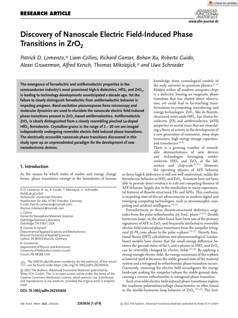 Adv Funct Materials - 2023 - Lomenzo - Discovery of Nanoscale Electric Field Induced Phase ...