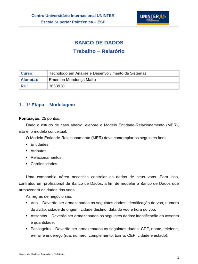Trabalho - Relatorio-Uninter - Banco de Dados | PDF | Modelo relacional | SQL