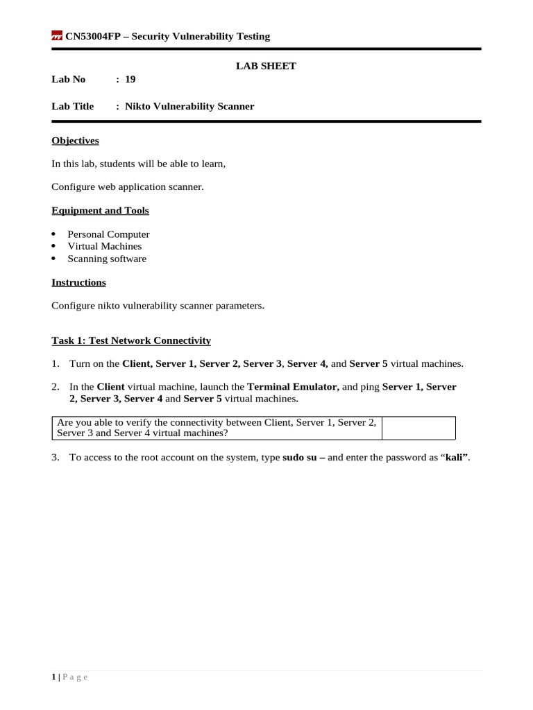 Lab 19 - Nikto Vulnerability Scanner | PDF Lab 19 - Nikto Vulnerability Scanner | PDF