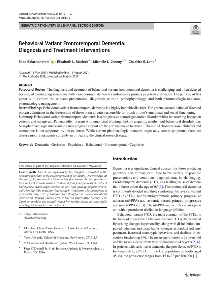 Behavioral Variant Frontotemporal Dementia: Diagnosis and Treatment Interventions | PDF