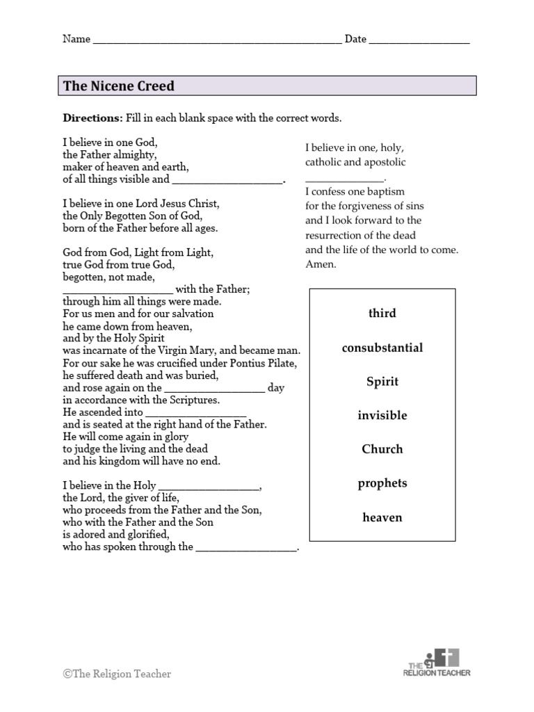 Nicene Creed Worksheet | PDF