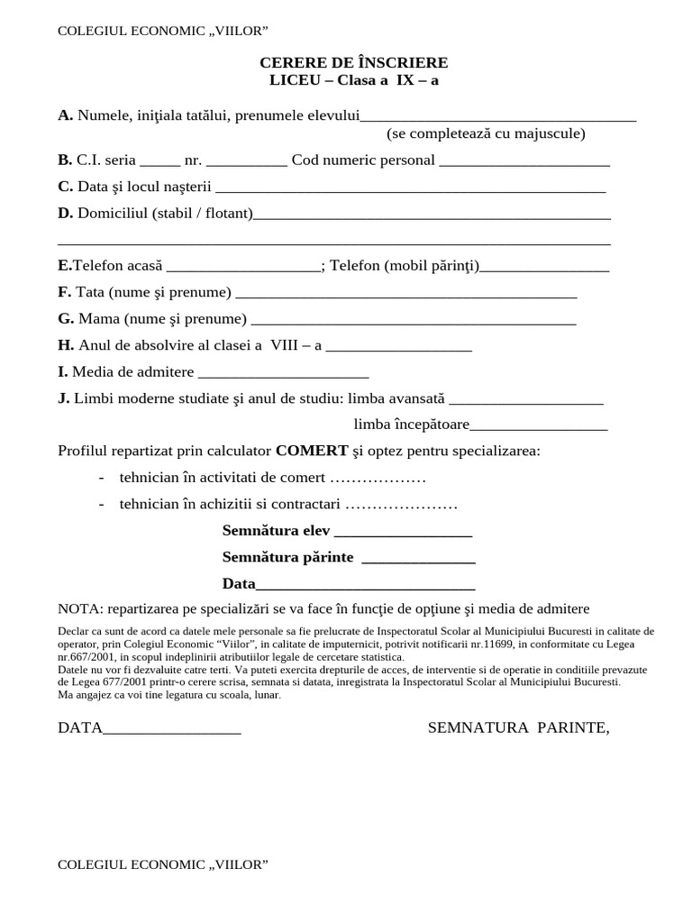 Cerere de Inscriere | PDF