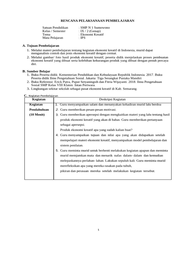 RPP Ekonomi Kreatif KELAS 9 Barep | PDF