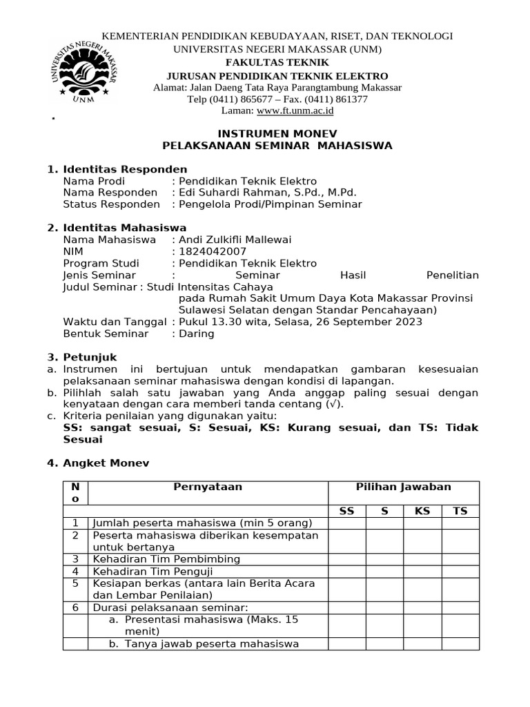 Contoh Pengisian Instrumen Monev | PDF