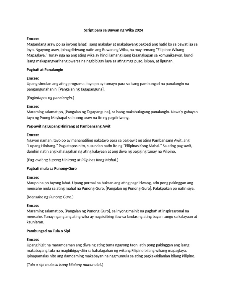 Script para Sa Buwan NG Wika 2024 1 Emcee | PDF