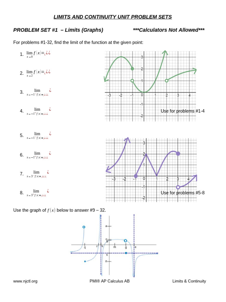 Ap Calcab - Limits and Continuity Problem Sets - 2020 09 18 | PDF