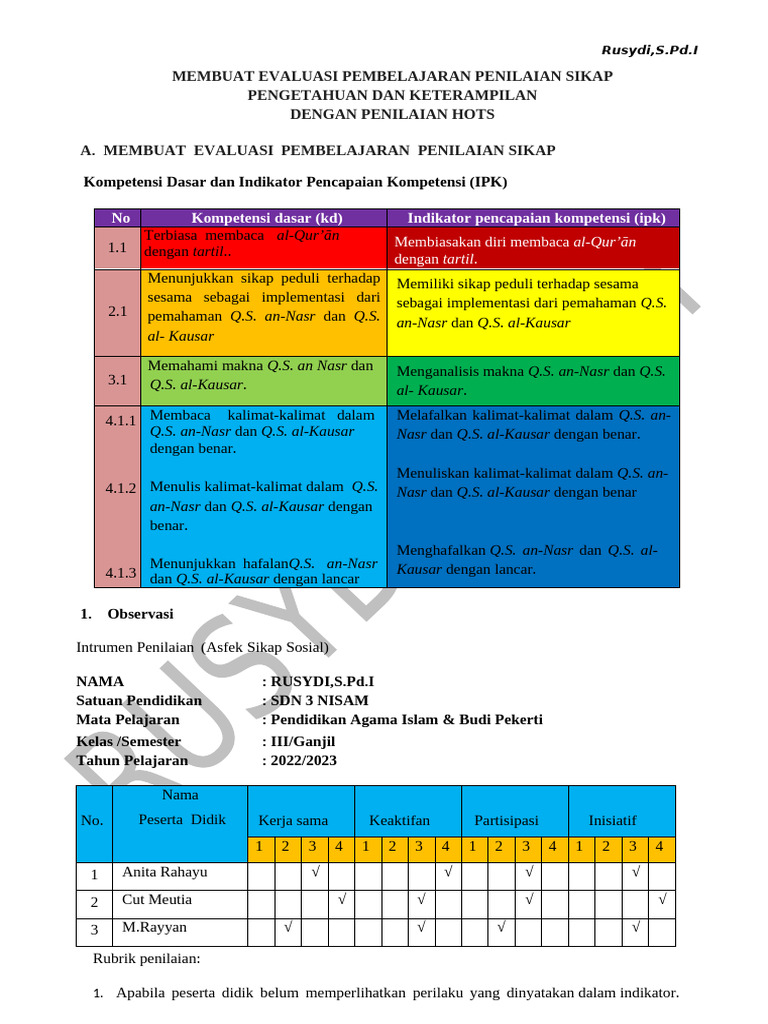 Tugas KB 4 Membuat Evaluasi Pembelajaran Penilaian Sikap Pengetahuan Dan Keterampilan | PDF