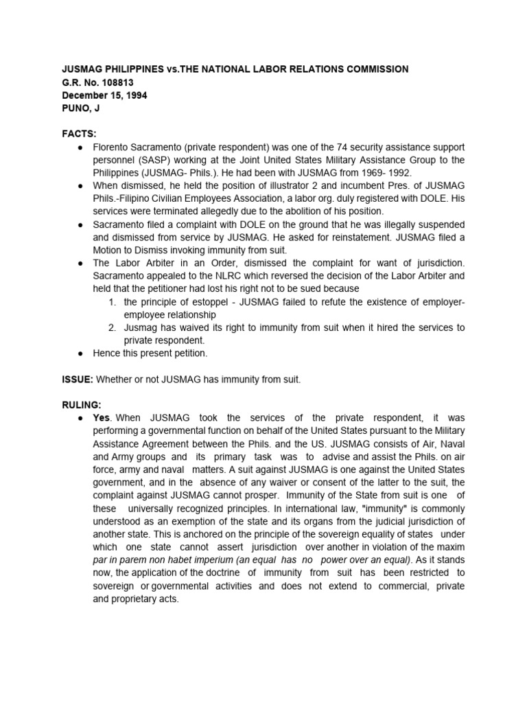 DIGEST - (4) JUSMAG Phils Vs NLRC | PDF | Sovereign Immunity | Lawsuit