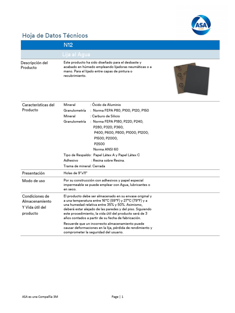 Hoja de Datos Técnicos N12 Lija Al Agua ASA | PDF
