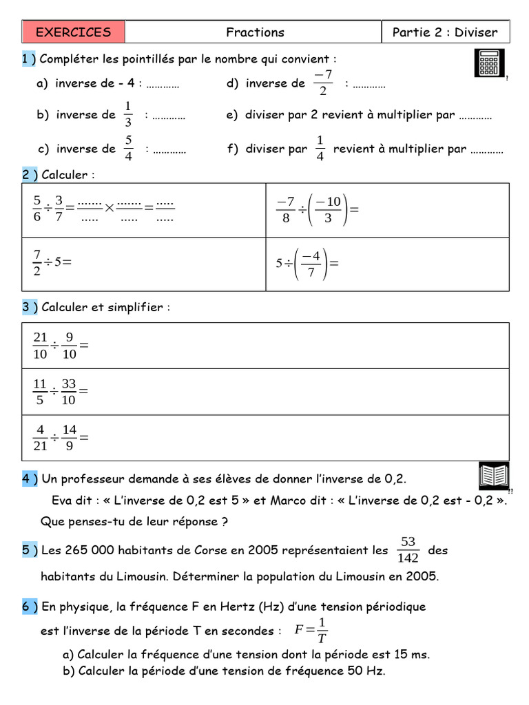 Exercices - Fractions - P2 Diviser | PDF