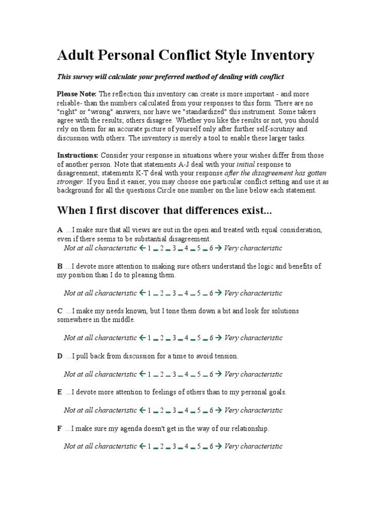 Adult Personal Conflict Style Inventory | Psychological Concepts ...