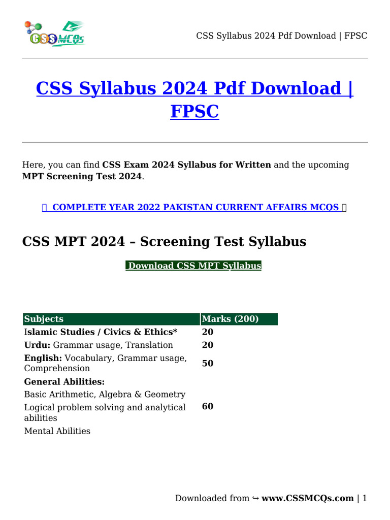 CSS Syllabus 2024 PDF Download - FPSC | PDF