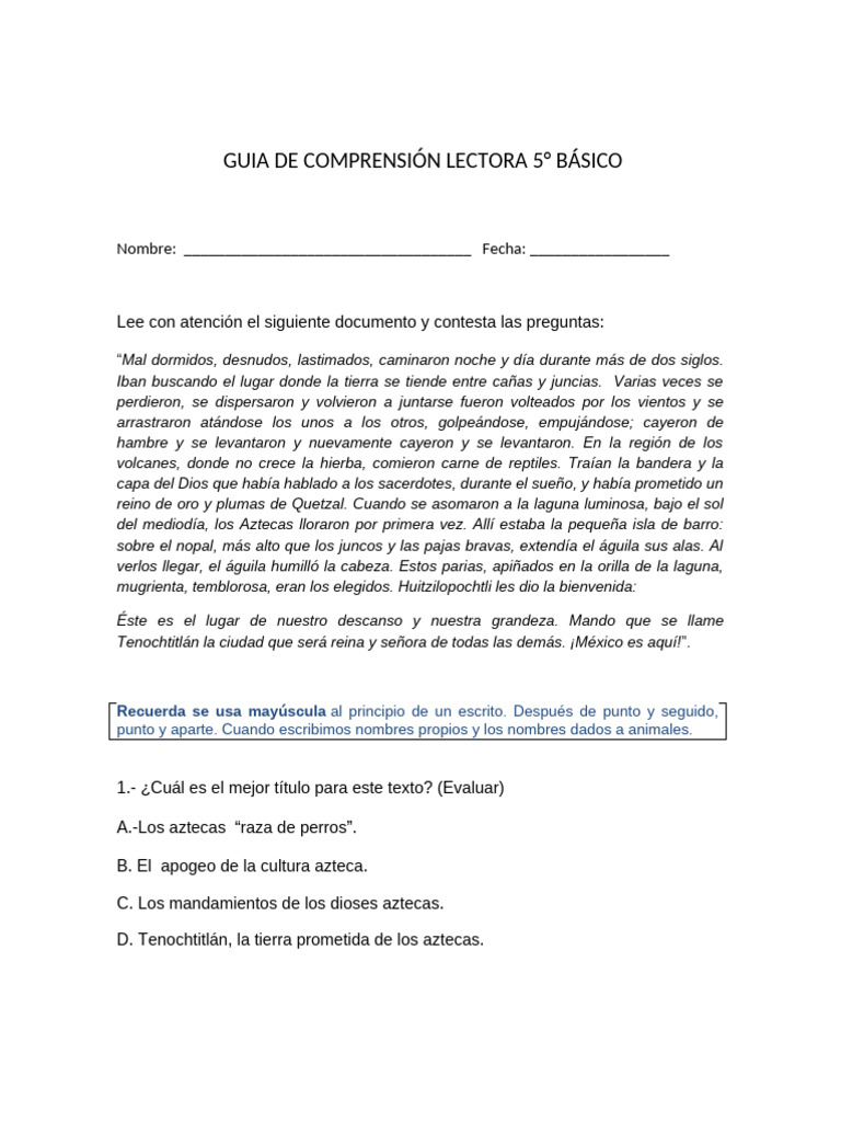 Guia de Comprension Lectora Quinto Basico | PDF