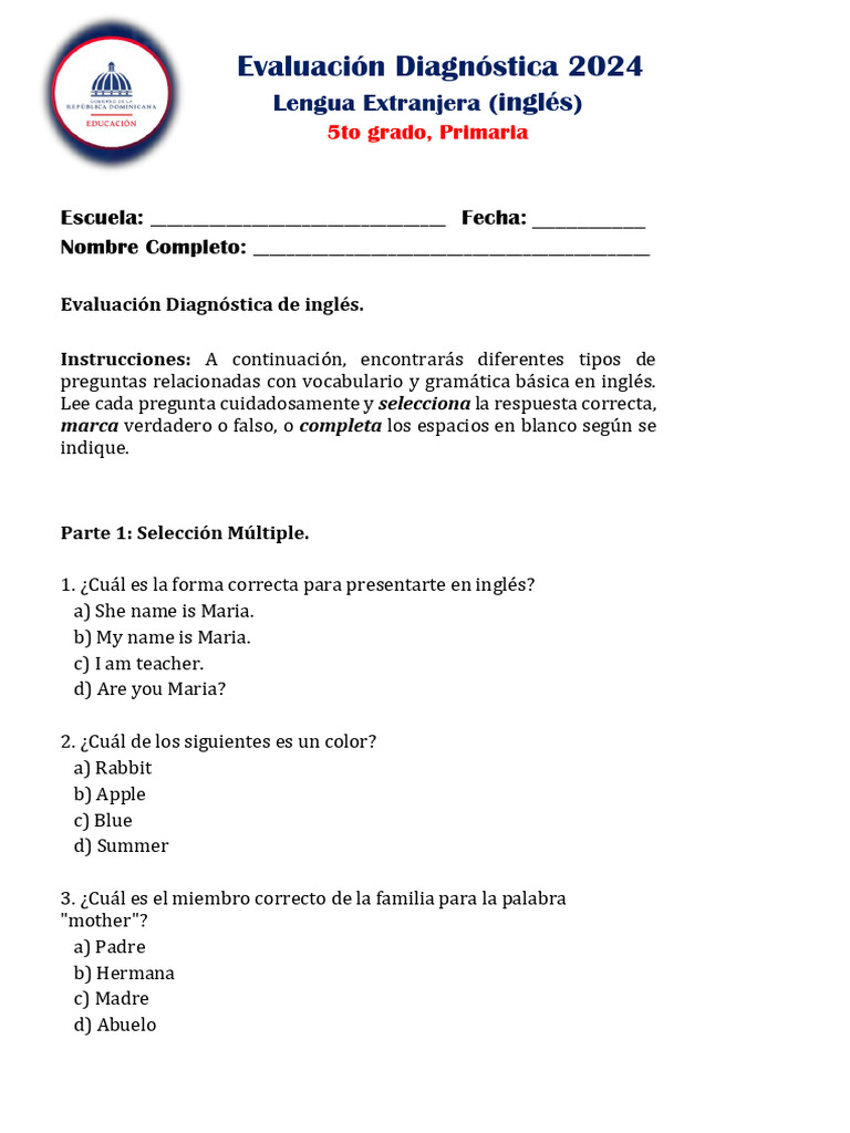 Evaluación Diagnóstica 2024 - 5to Primario | PDF