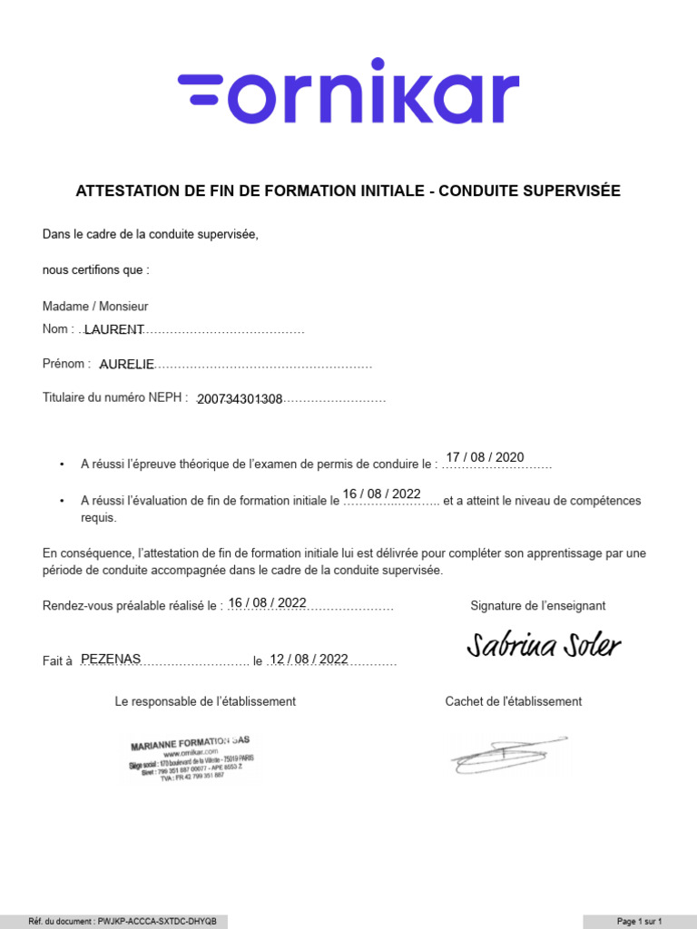 Attestation de Fin de Formation Initiale - Conduite Supervisã©e - AurÃ ...