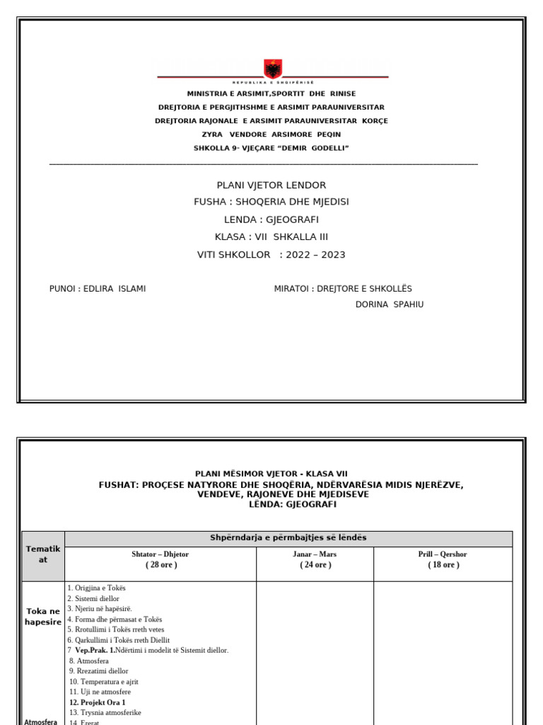Plani Mësimor Vjetor 2022-2023 Lindita | PDF