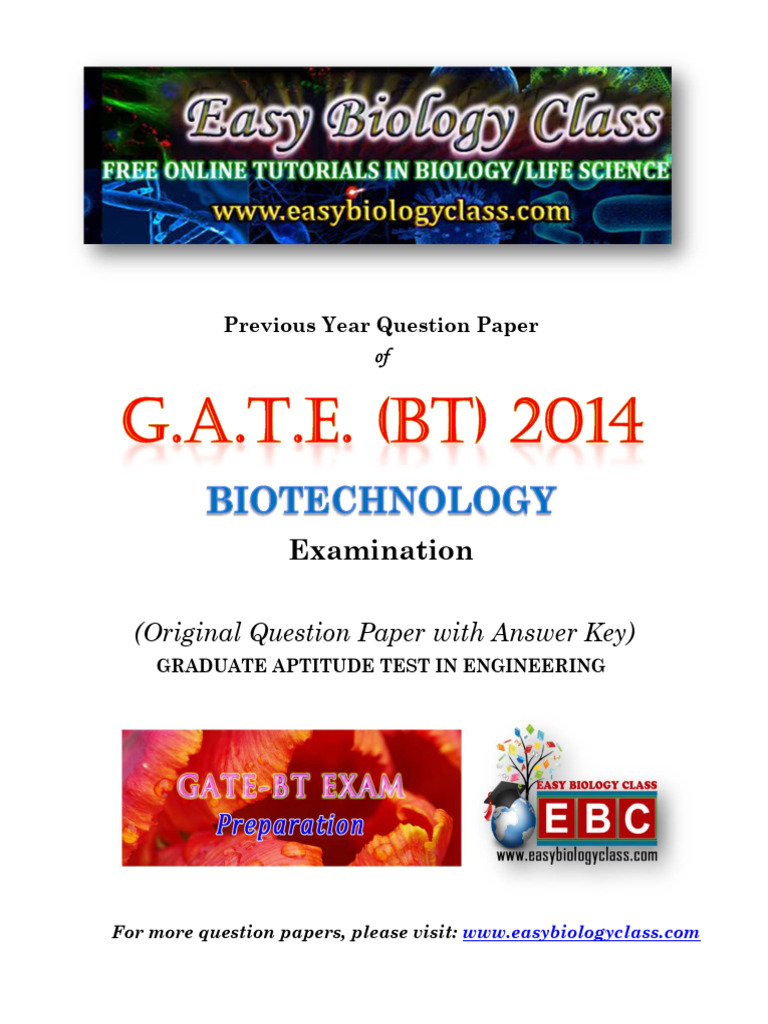 GATE BT 2014 Biotechnology Solved Question Paper PDF | PDF GATE BT 2014 Biotechnology Solved Question Paper PDF | PDF