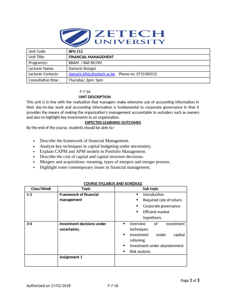 Financial Management Course Outline | PDF