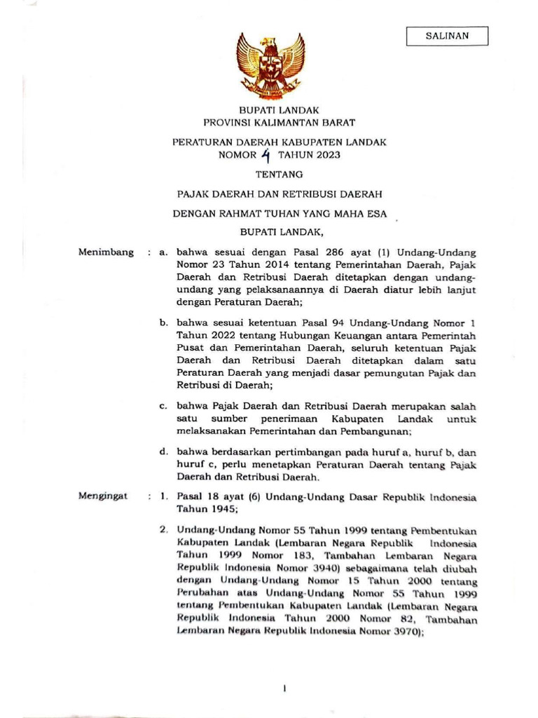 Perda Landak No.4 Tahun 2023 TTG PDRD | PDF