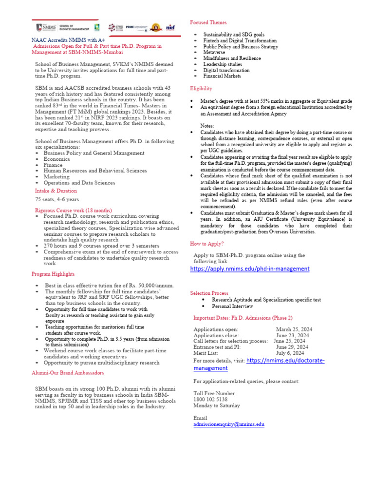 Ph.D. Admissions 2024-Phase II-SBM-NMIMS Mumbai | PDF