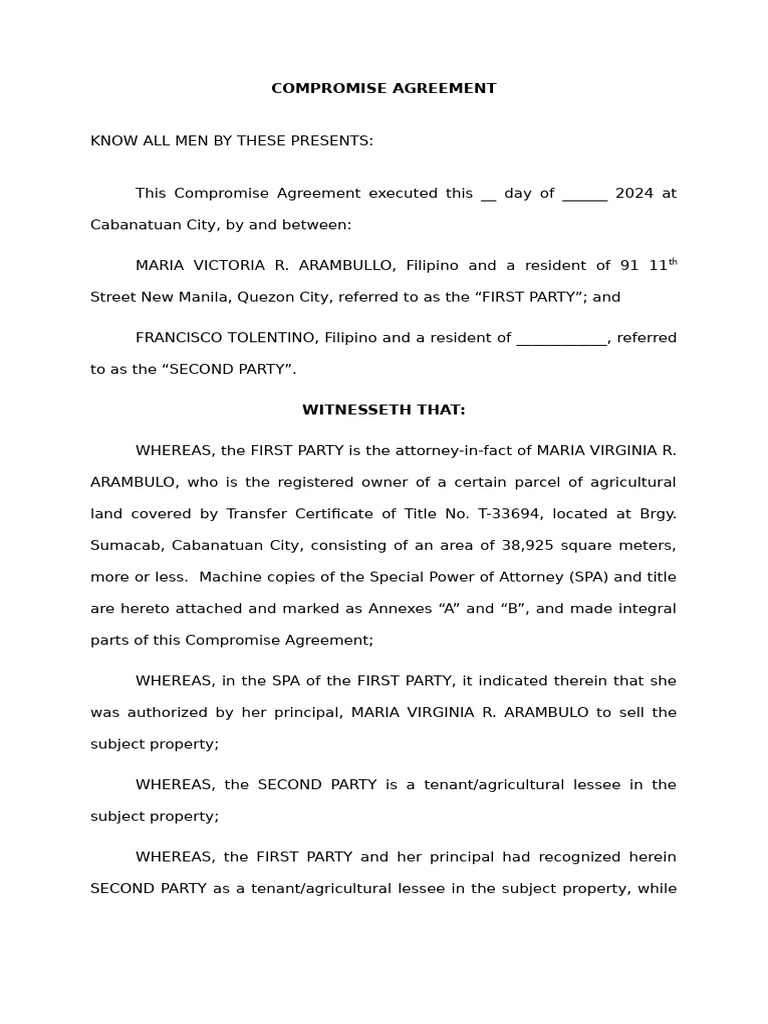 Compromise Agreement-Tolentino | PDF | Lease | Prices Compromise Agreement-Tolentino | PDF | Lease | Prices