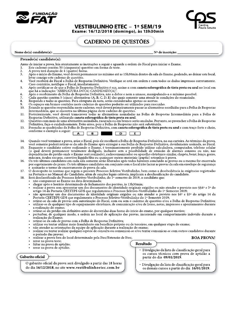 Prova 2019 Etec 1° Sem | PDF