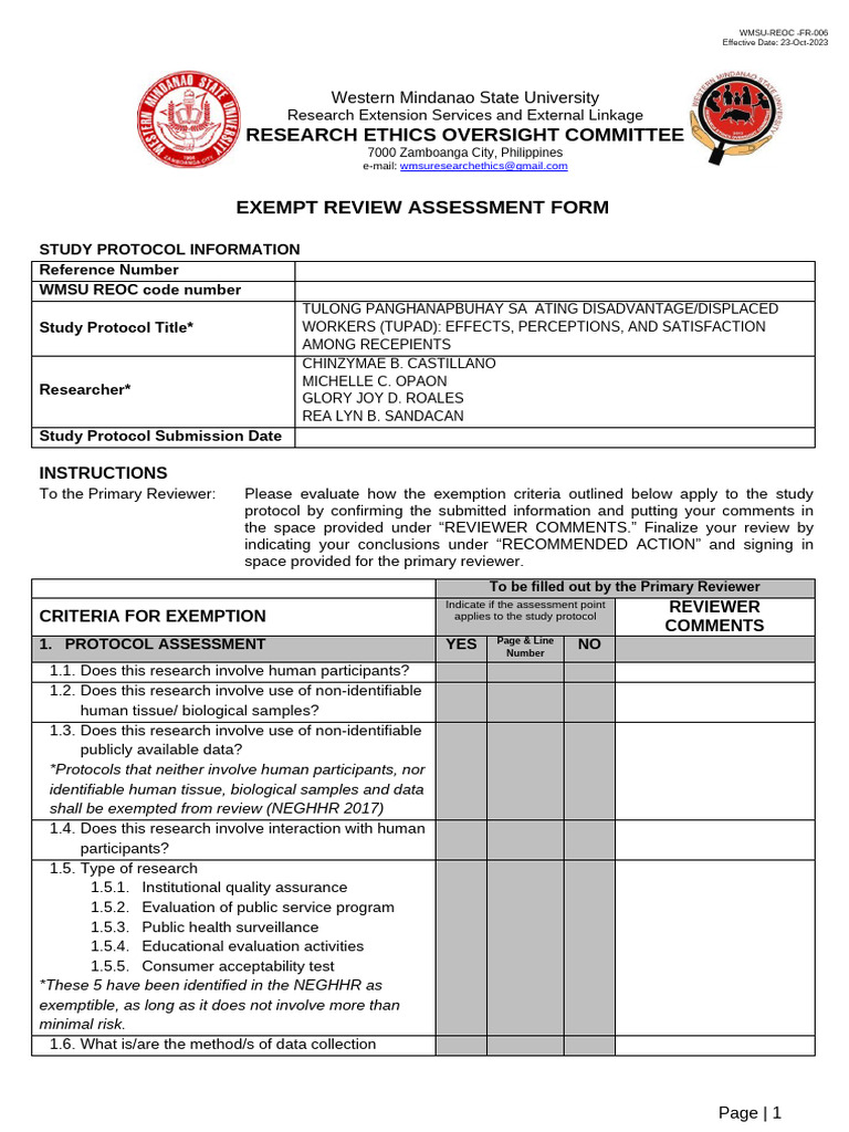 6 FR.006 Exempt Review Assessment Form | PDF