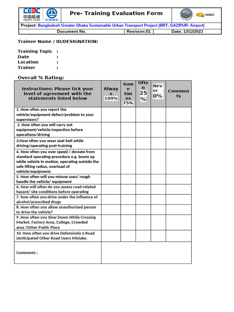 Driver - Pre-Training Evaluation Form - Driver | PDF