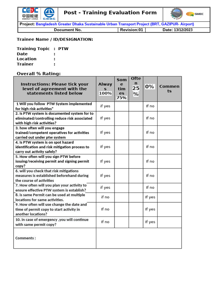 Post-Training Evaluation Form - PTW | PDF
