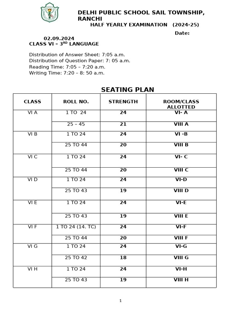 Seating Plan Vi - Viii 02.09.2024 | PDF