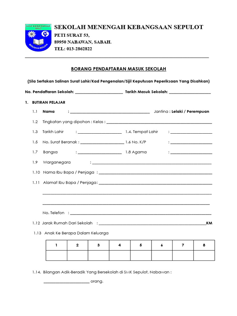 Borang Pendaftaran SMK Sepulot | PDF