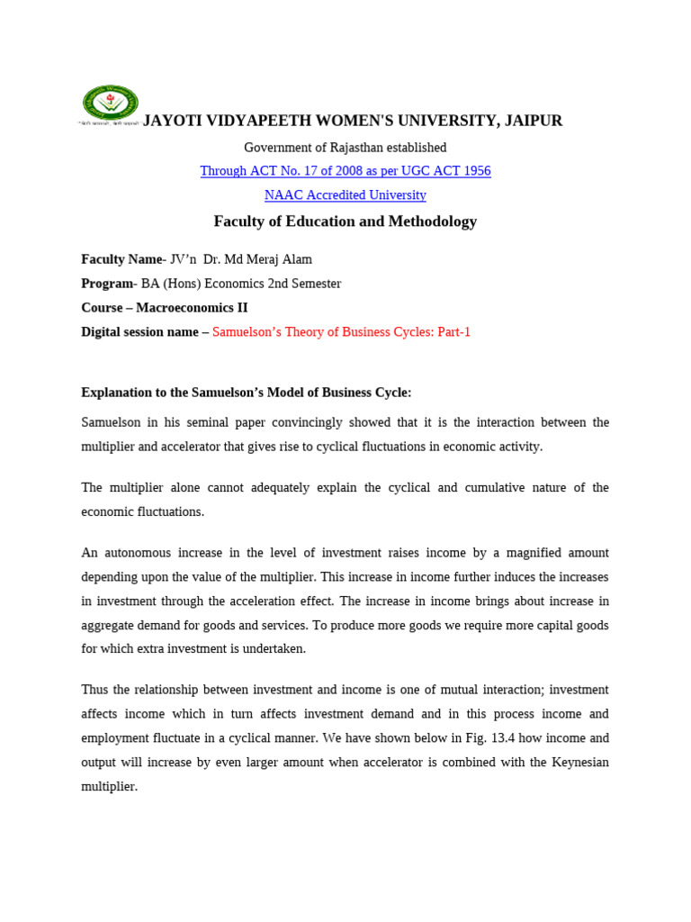 Samuelson's Theory of Business Cycles Part-1 | PDF | Multiplier ...