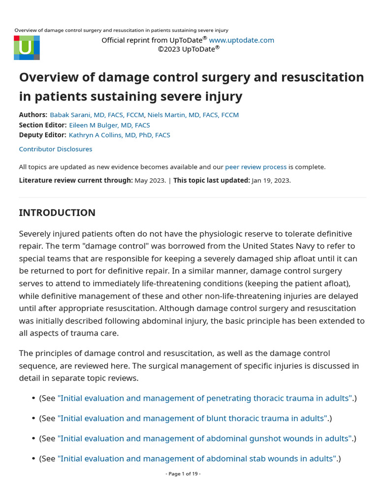 Overview of Damage Control Surgery and Resuscitation in Patients | PDF