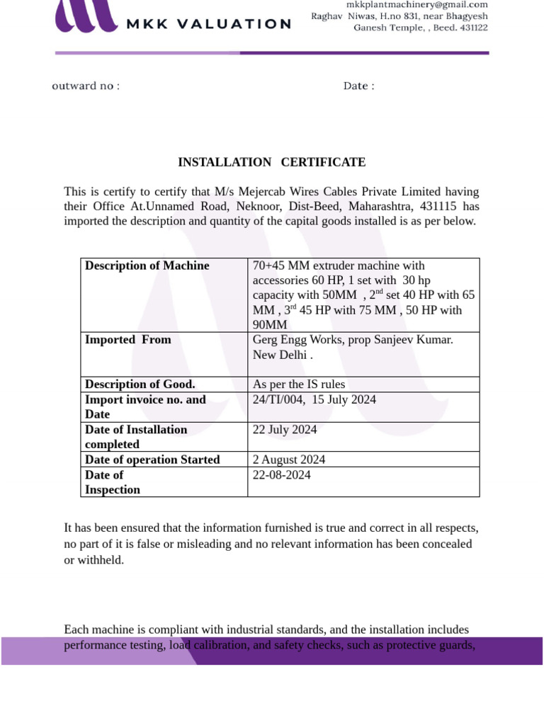 Installation Certificate | PDF