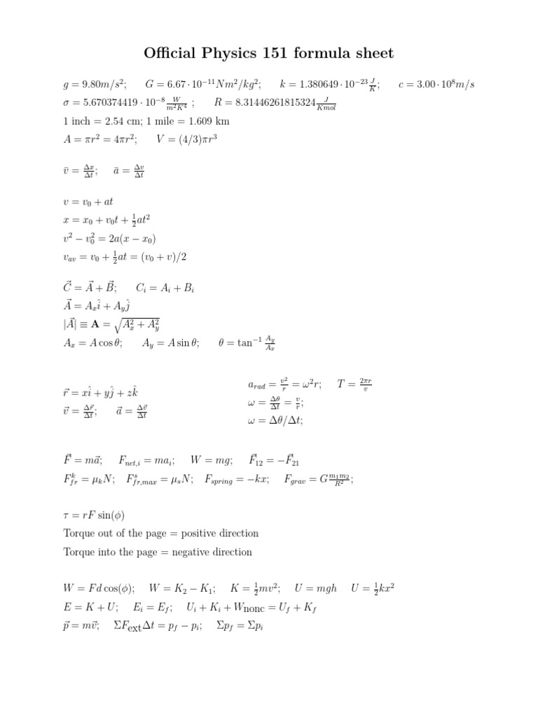 PHYS151 Equation Sheet v1 | PDF