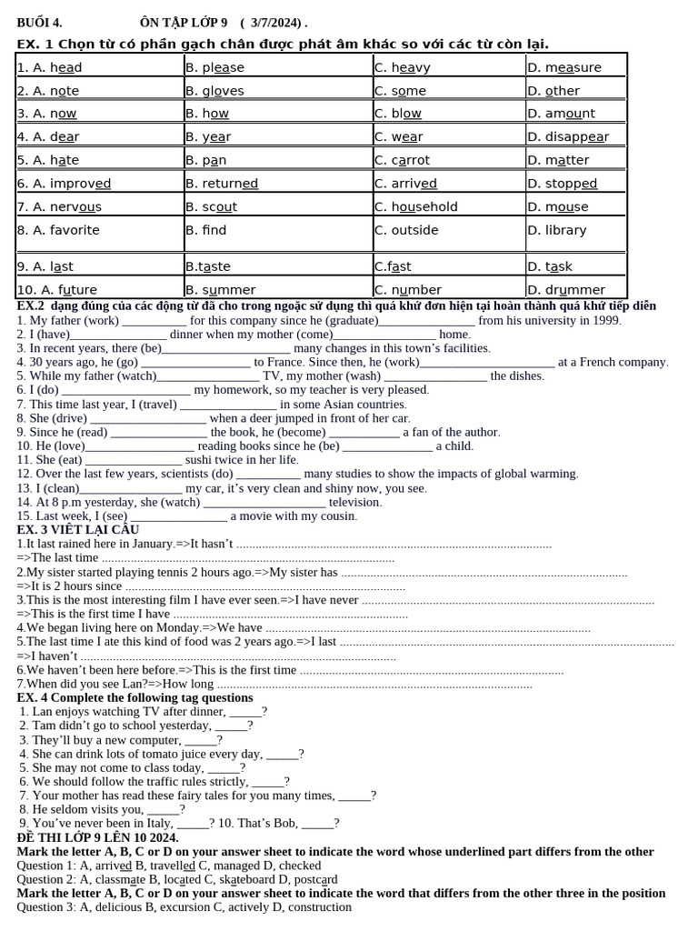 Buoi 4 Lop 9 2025 | PDF