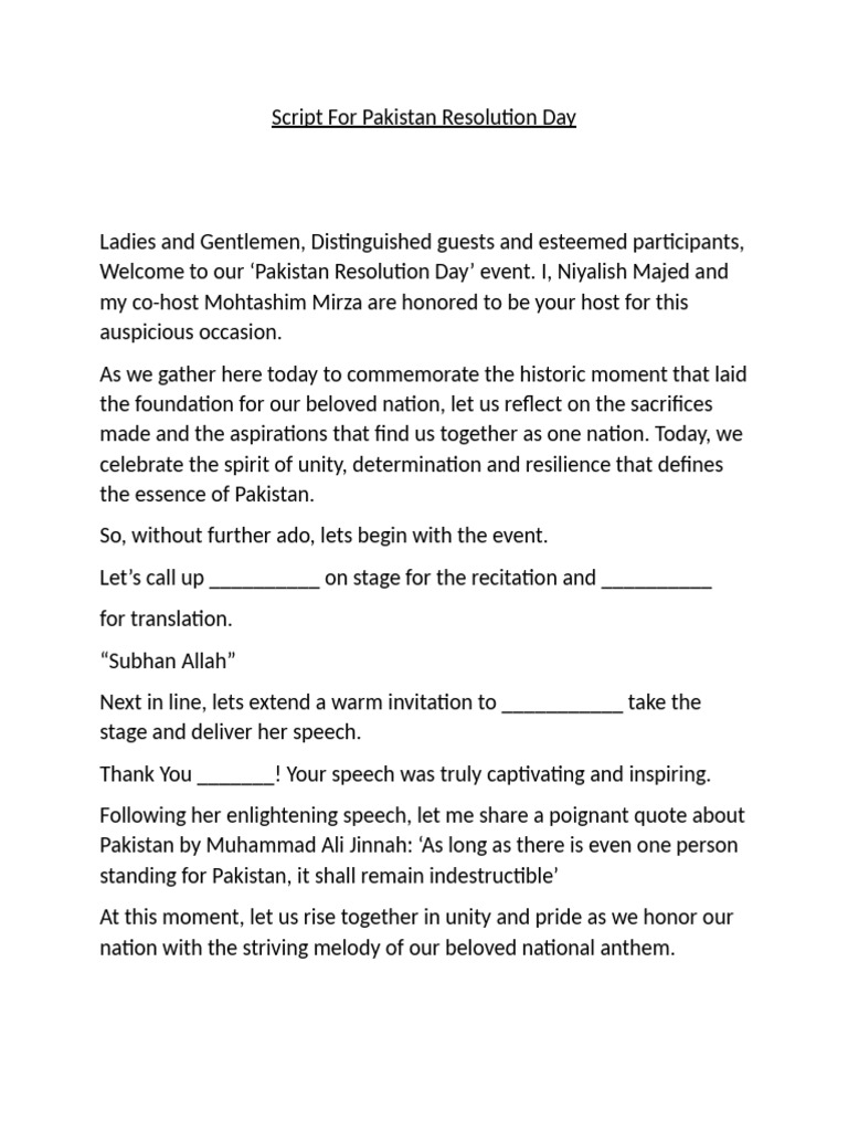 Script For Pakistan Resolution Day | PDF