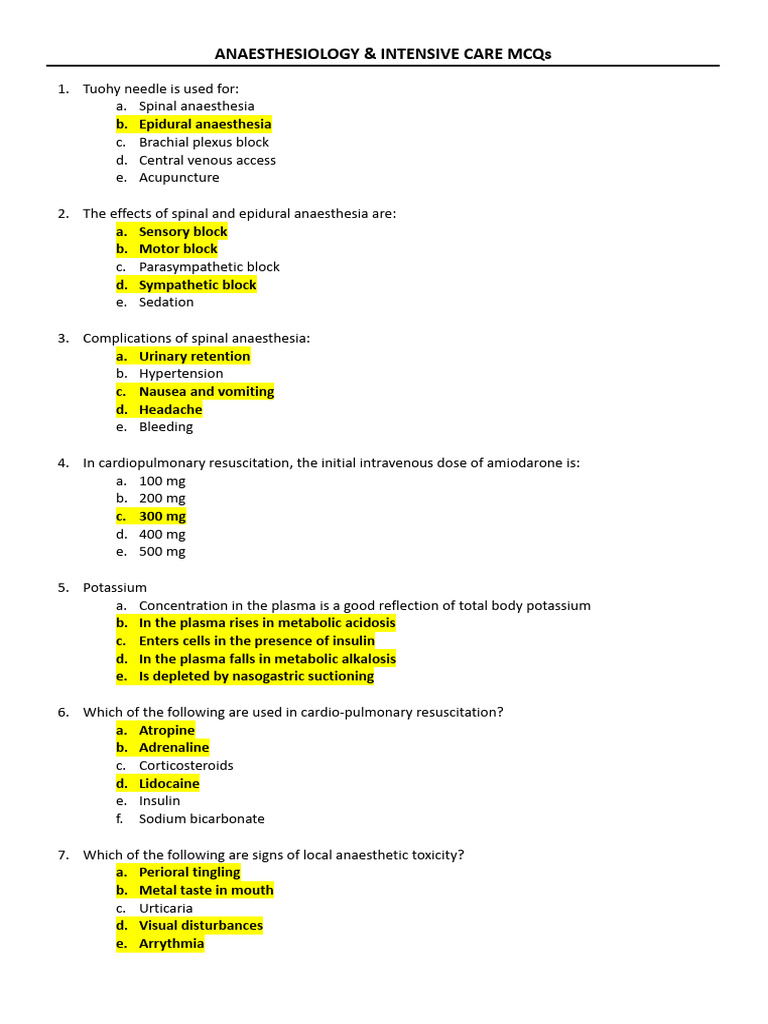 Anaesthesiology MCQs Answers | PDF