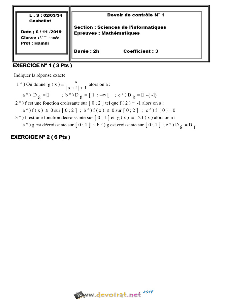 Devoir de Contrôle N°1 - Math - 3ème Informatique (2019-2020) MR Ali ...
