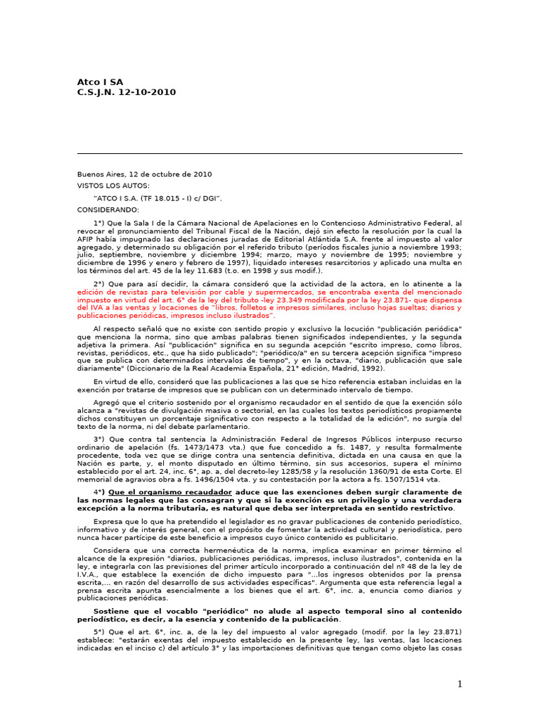 2.1 - Publicacion Revista Publicidad Exentas - CSJN 12-10-10 ATCO I S.A. | PDF | Caso de ley ...