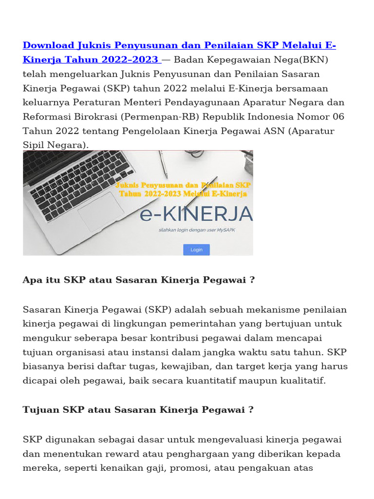 Juknis Penyusunan Dan Penilaian SKP Melalui E-Kinerja | PDF