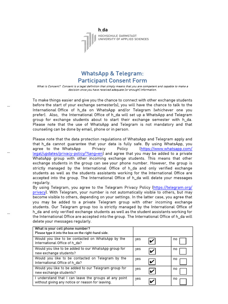 H Da WhatsApp & Telegram Consent Form | PDF